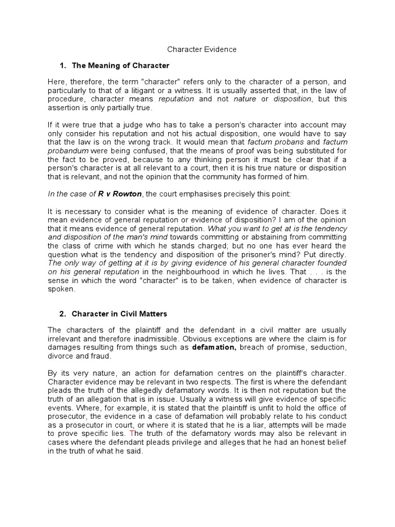Character Evidence Notes | PDF | Defamation | Witness