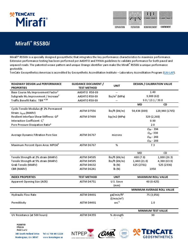Ficha Tecnica Mirafi RS580i | PDF | Road Surface | Pascal (Unit)