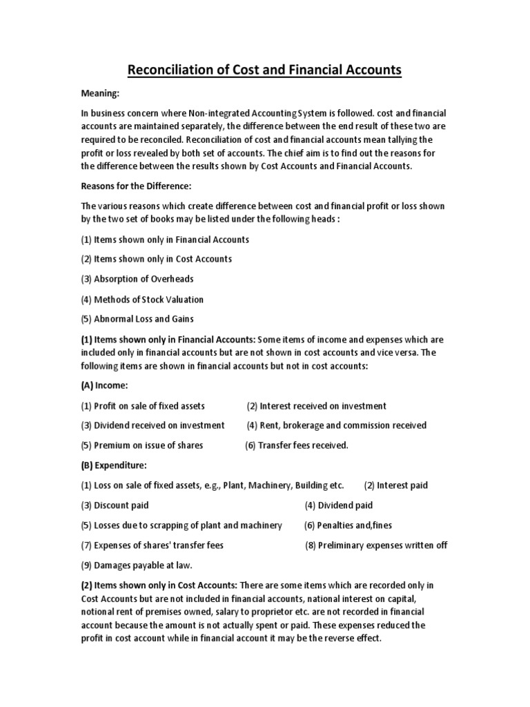 Reconcilation Statement PDF | PDF | Financial Accounting | Cost