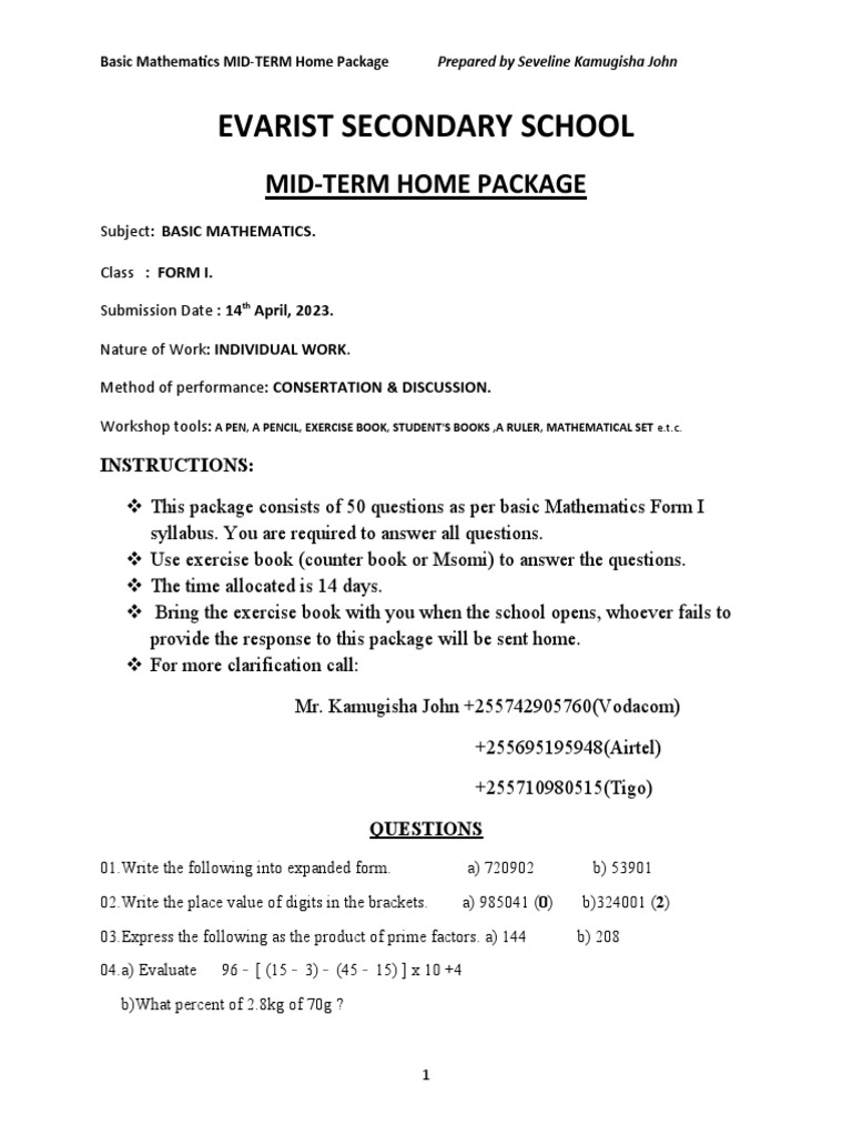 Form I Basic Math Mid-Term Package | PDF | Numbers | Significant Figures