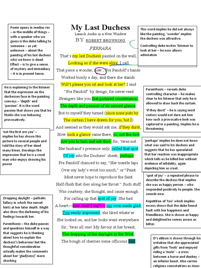 My Last Duchess - Controlling Duke Reveals Cruel Nature in Poem | PDF