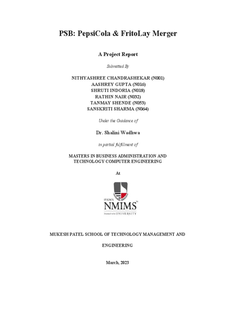 PSB: Pepsicola & Fritolay Merger: A Project Report | PDF | Pepsi Co ...