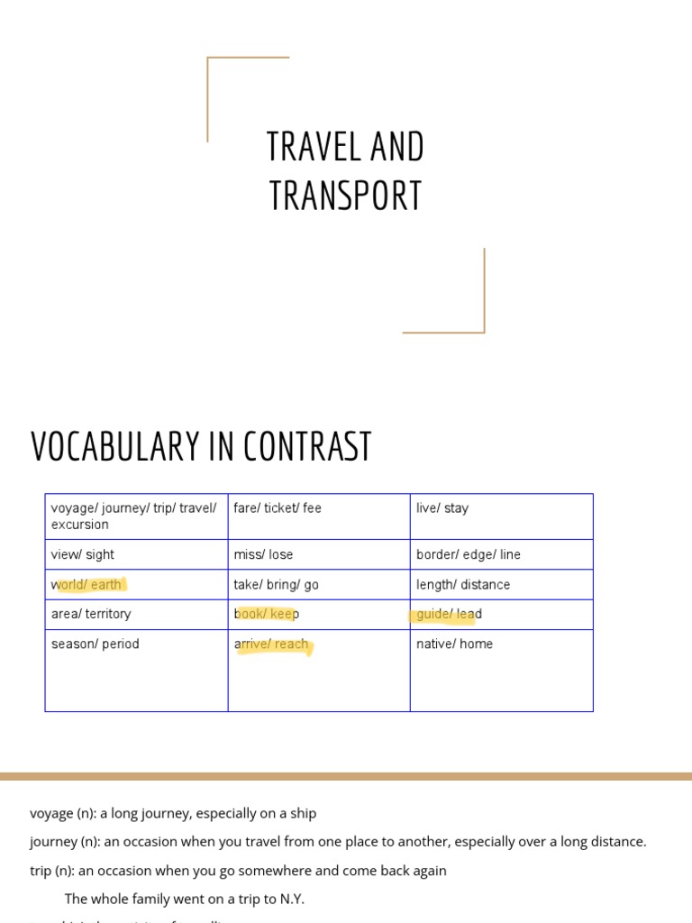 Travel and Transport Vocabulary Guide | PDF