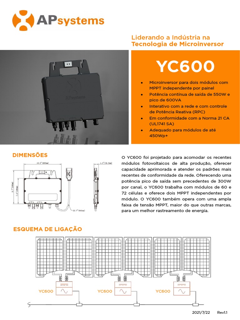 4e4fe Apsystems Microinverter Yc600 For Brazil Datasheet - Rev1.1 - PT - 2021 7 22 | PDF ...