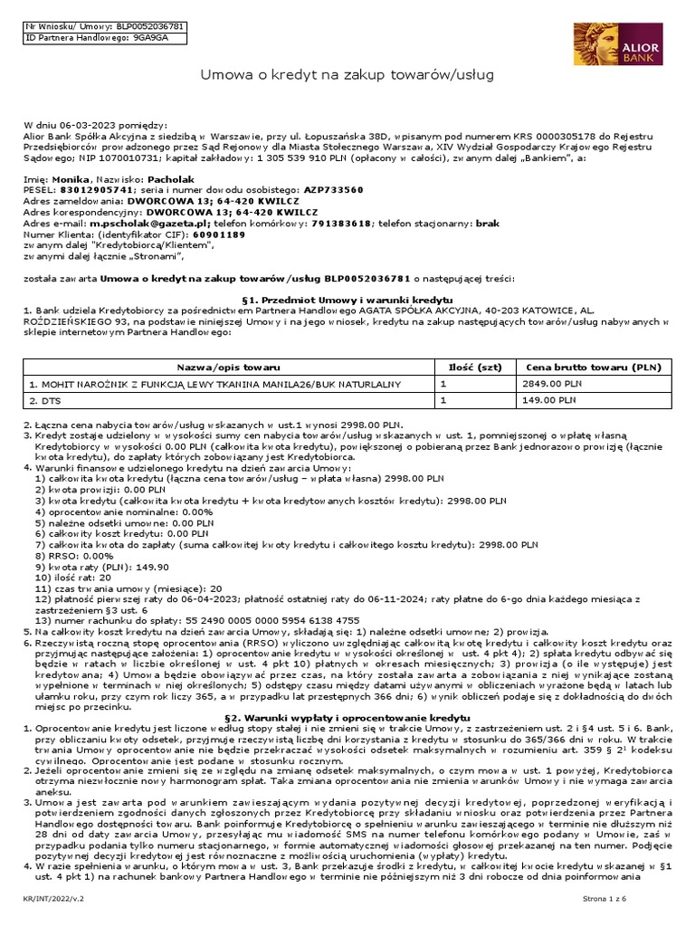 Umowa o Kredyt BLP0052036781 PDF | PDF