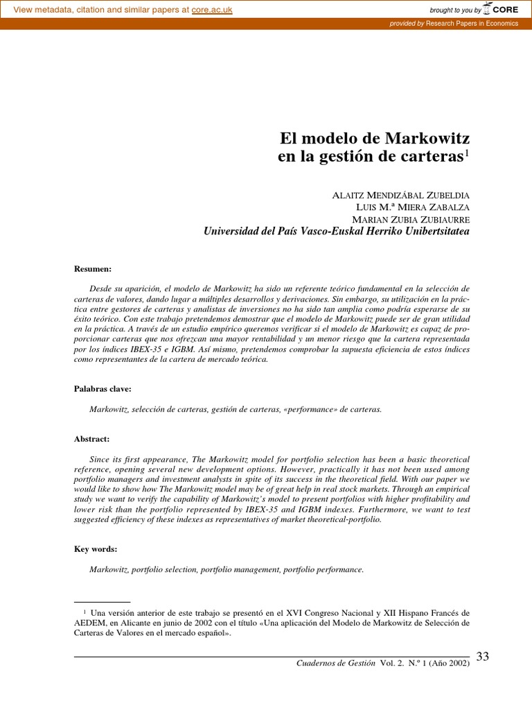 El Modelo de Markowitz en La Gestión de Carteras: Universidad Del País ...