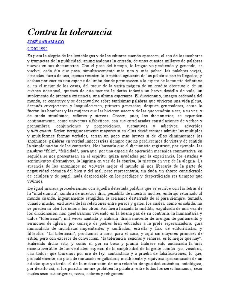 Contra La Tolerancia - Saramago | PDF | Tolerancia | Lingüística
