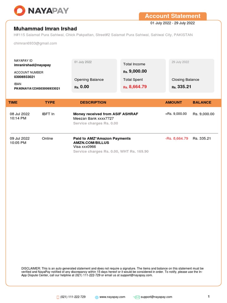 Muhammad Imran Irshad: Account Statement | PDF