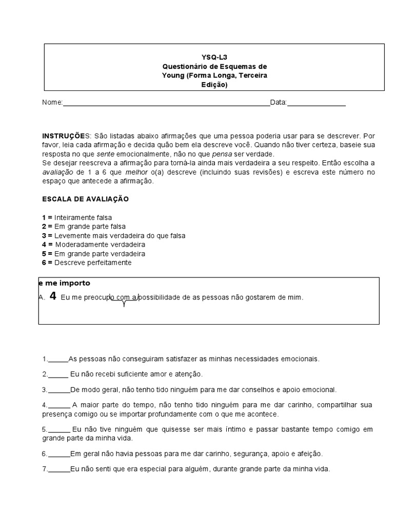 Questionario de Esquemas de Young Ysq l3 | PDF | Amor | Emoções