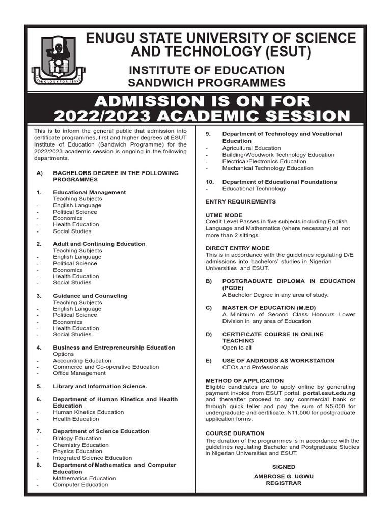 Esut 2022 2023 Sandwich | PDF | Bachelor's Degree | Academic Degree