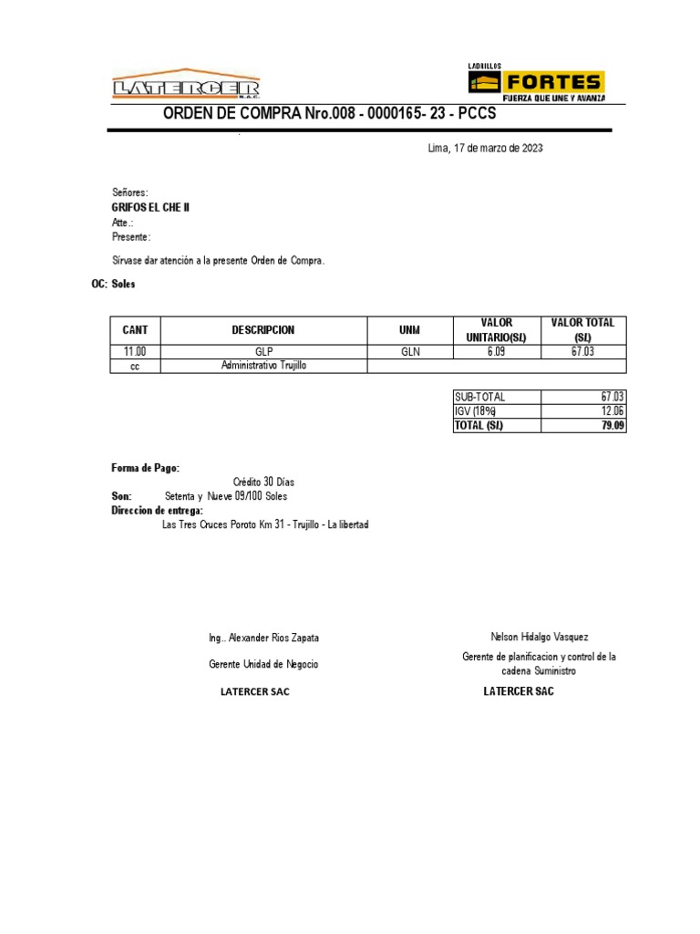 ORDEN DE COMPRA Nro.008 - 0000165 - 23 - PCCS | PDF