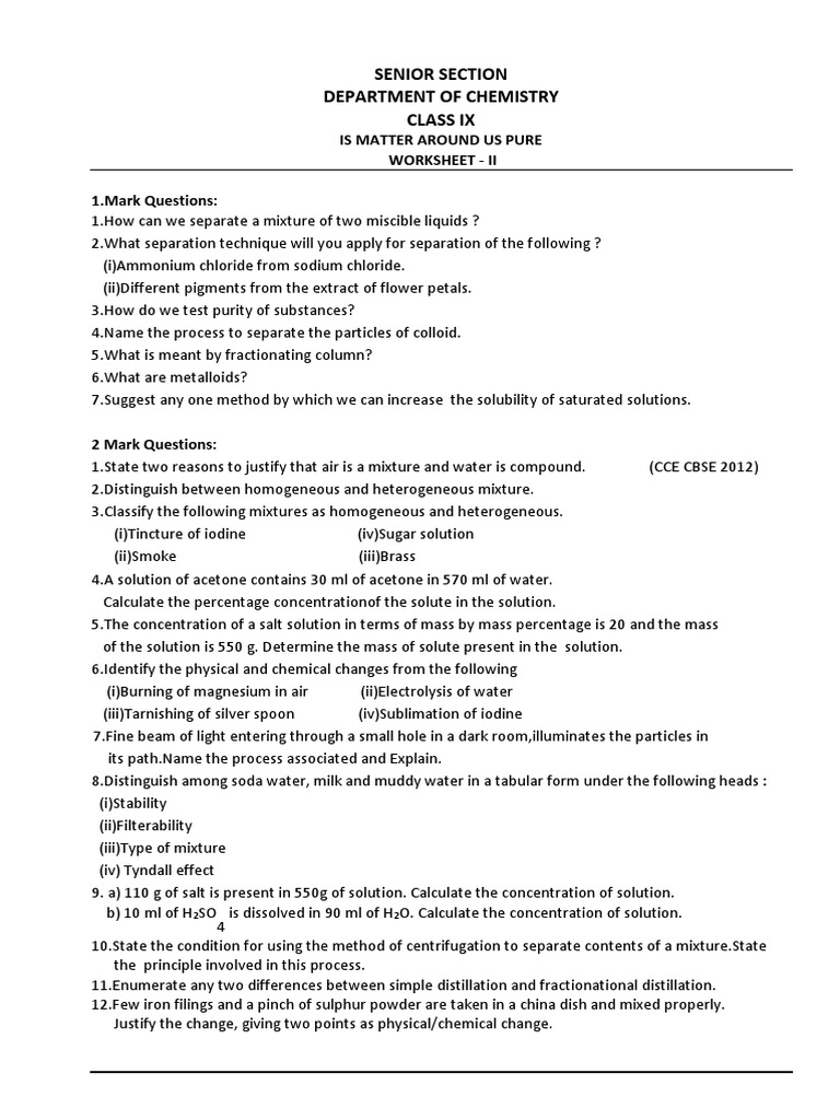 CBSE Class 9 Science Worksheet - Matter Around Us | PDF | Mixture ...
