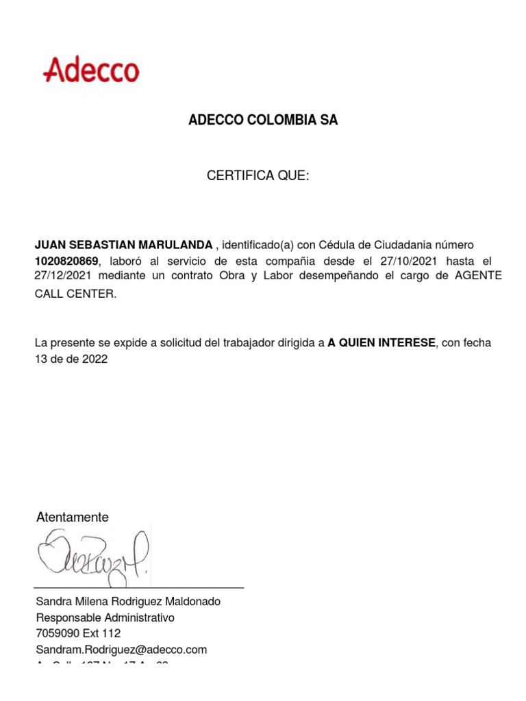 Certificación Laboral Adecco Colombia | PDF | Finanzas y dinero