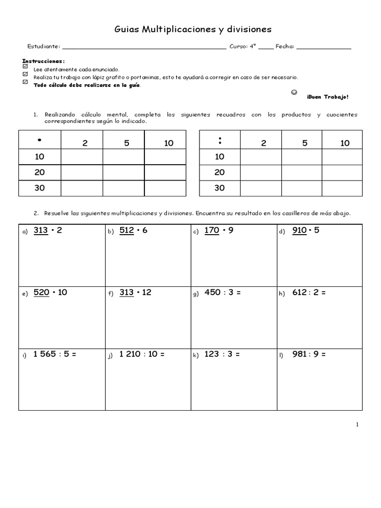 Guias Multiplicaciones y Divisiones. Estudiante - Curso - 4 Fecha - PDF | PDF
