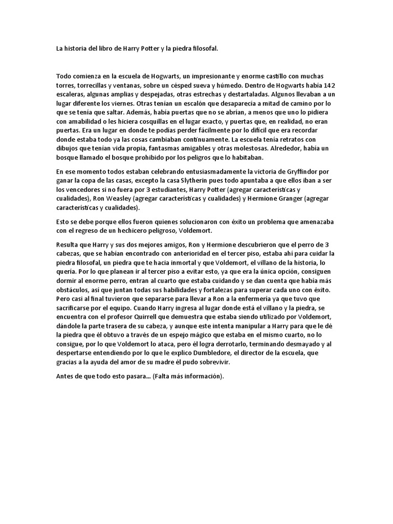 La Historia Del Libro de Harry Potter y La Piedra Filosofal | PDF ...