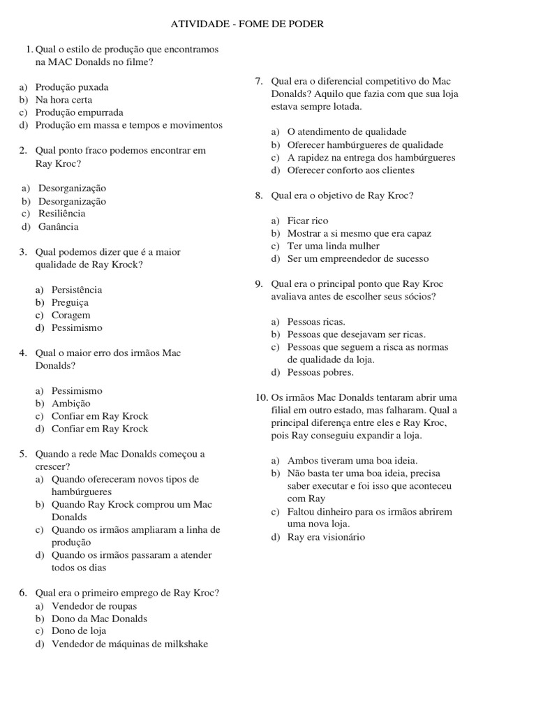 Fome de Poder - Atividade PDF | PDF | Empreendedorismo | Fome