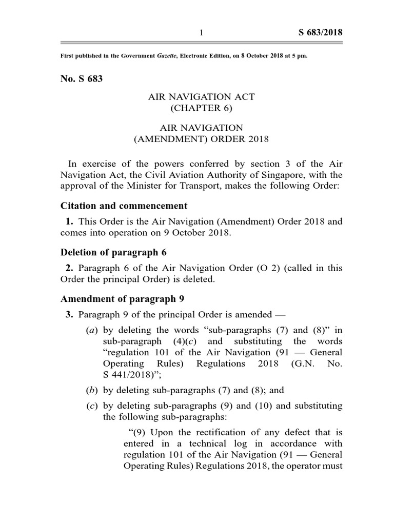 Singapore Air Navigation (Amendment) Order 2018 | PDF