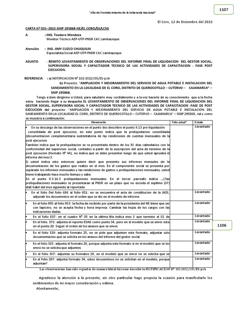 CARTA 031 SS 5TO LEV OBS Liquidac. EL CORO | PDF