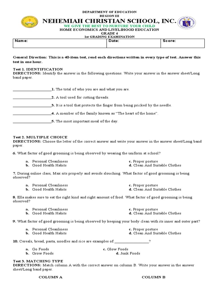 1st QUARTER GRADE 4 HELE EXAMINATION 2021 2022 | PDF | Clothing | Sewing