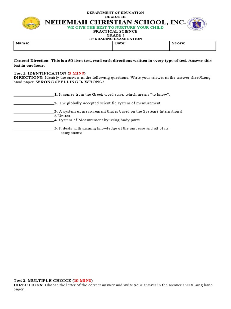 1st QUARTER GRADE 7 SCIENCE EXAMINATION 2021 2022 | PDF | Science ...