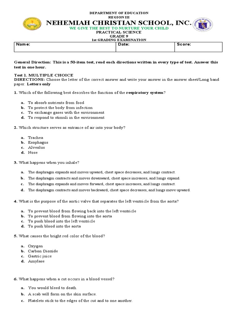 1st QUARTER GRADE 9 SCIENCE EXAMINATION 2021 2022 | PDF | Physiology ...