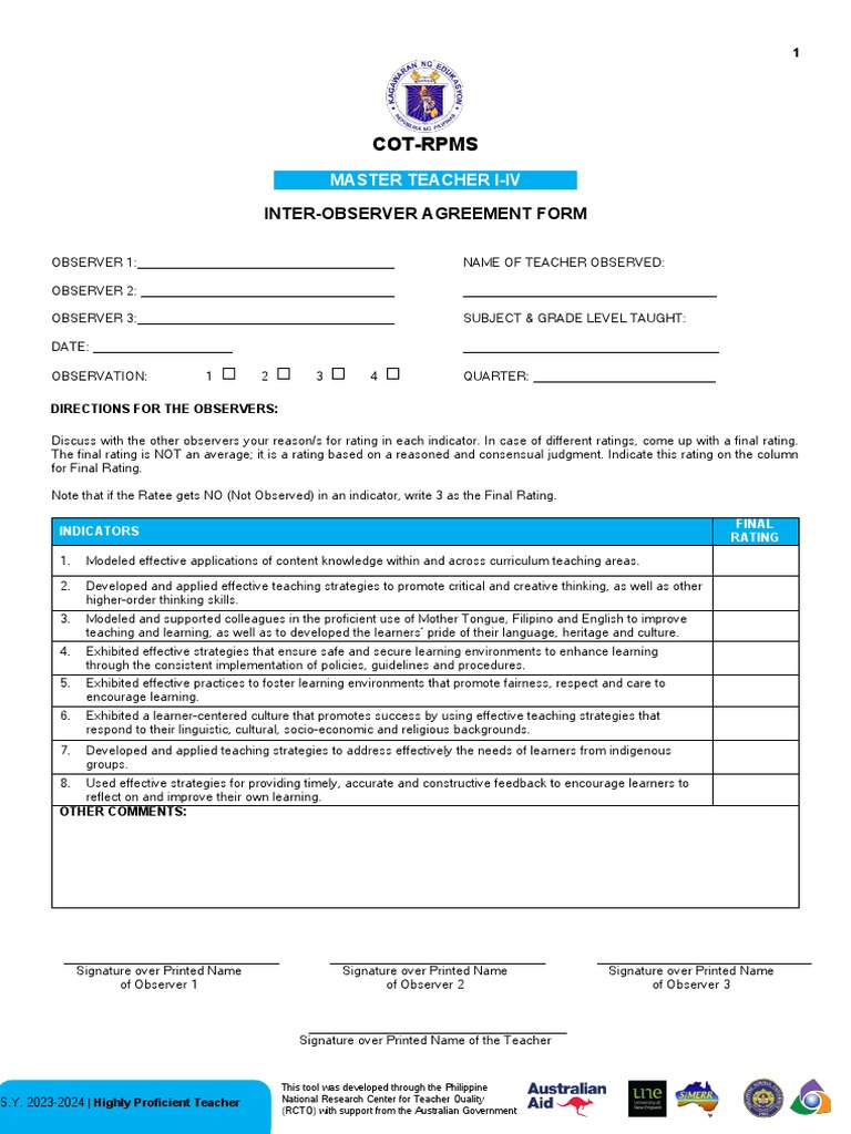 (Appendix C-13) COT-RPMS Inter-Observer Agreement Form For MT I-IV For ...
