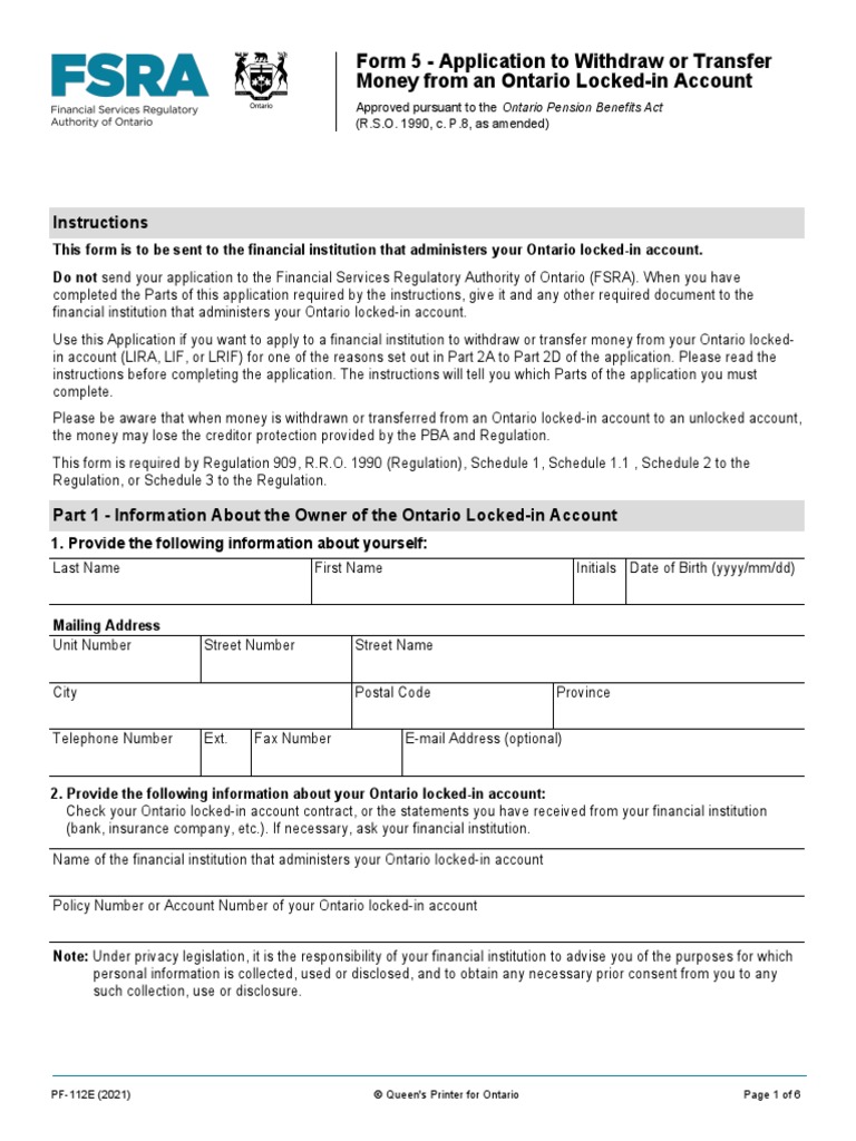 Form 5 - Application To Withdraw or Transfer Money From An Ontario Locked-In Account | PDF