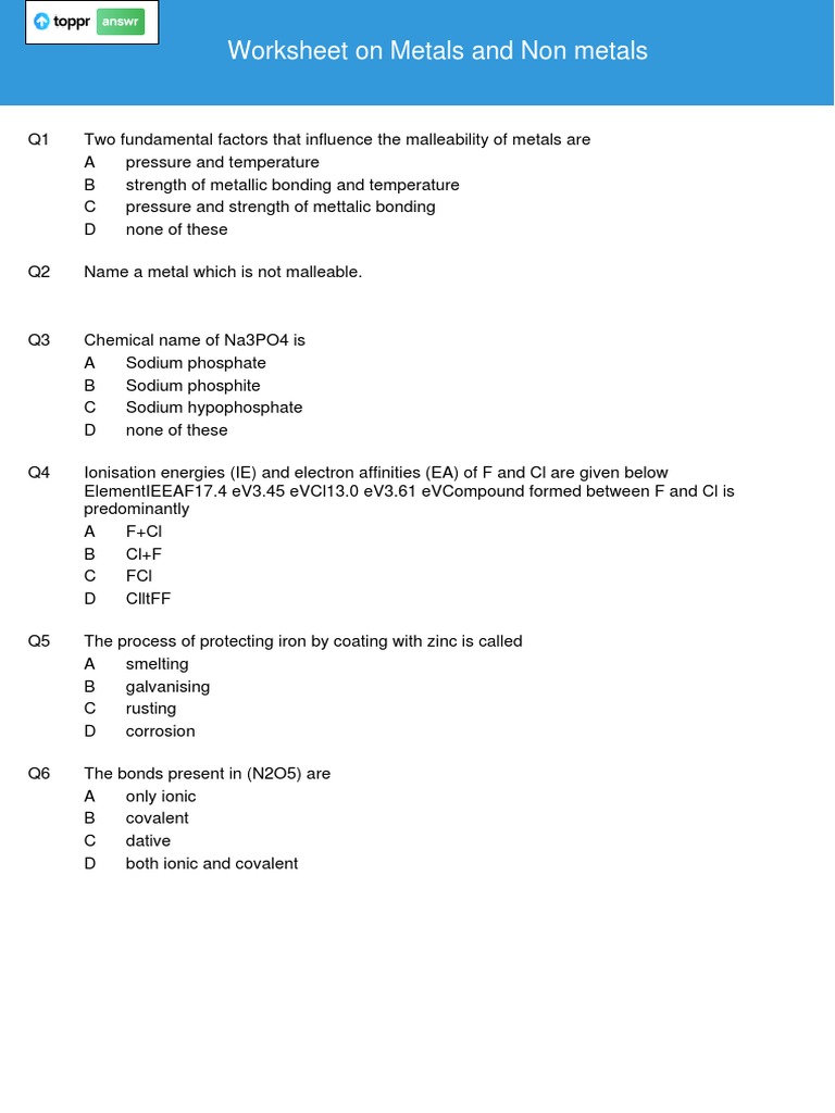 Assignment - Metals and Non Metals | PDF | Chemical Compounds | Metals