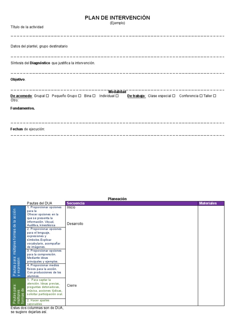 PLAN DE INTERVENCIÓN Ejemplo para Descargar e Imprimir | PDF | Procesos ...