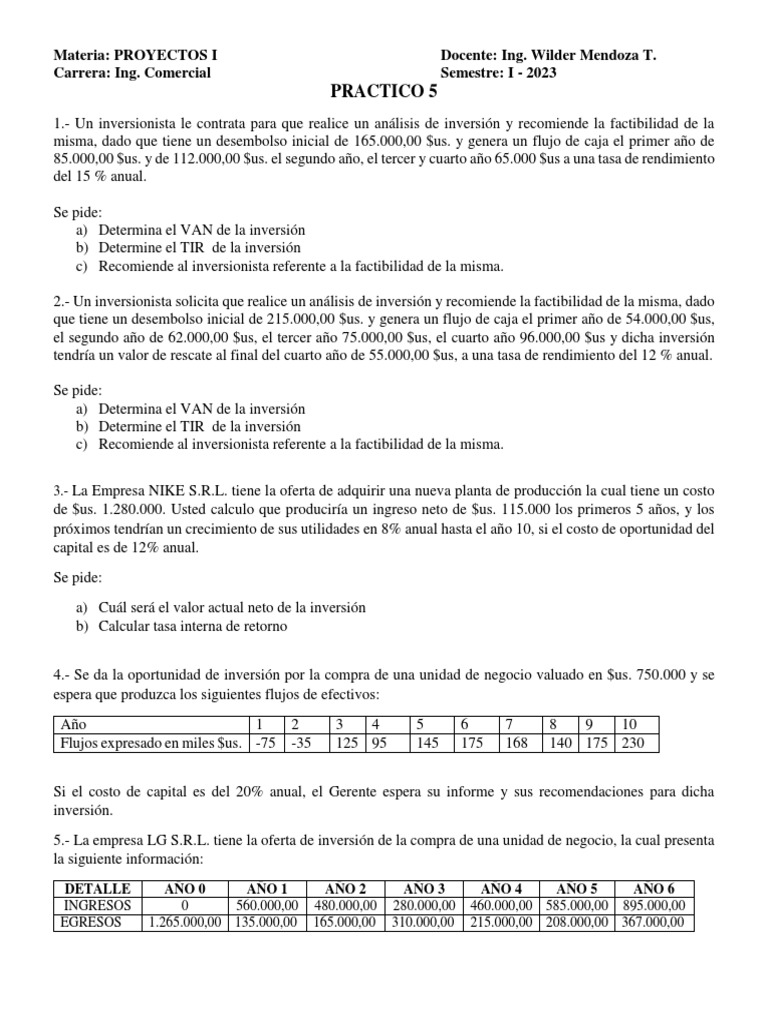 Actividad 7 Practico 5 Proyectos G-I-2023 Upds | PDF | Finanzas y dinero