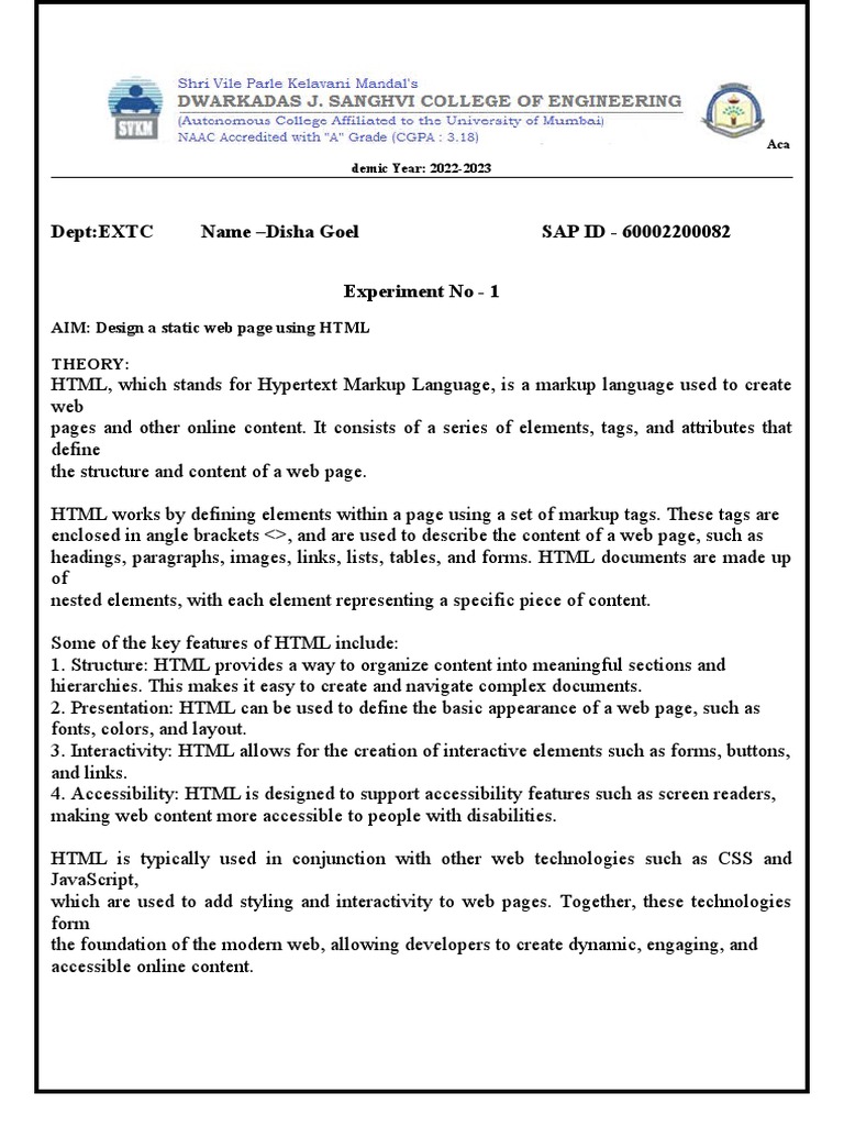 Experiment Format For WT | PDF | Html | Html Element