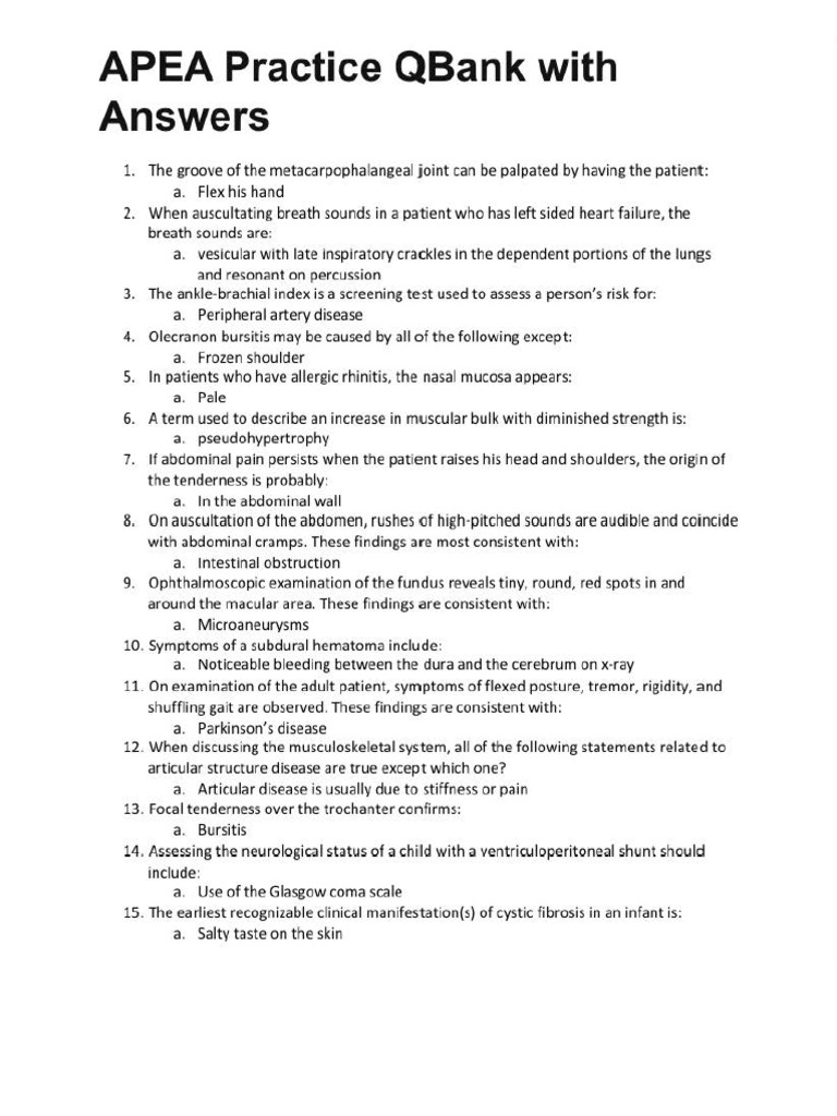 APEA Practice QBank: Medical Exam Q&A | PDF | Vertebral Column | Abdomen