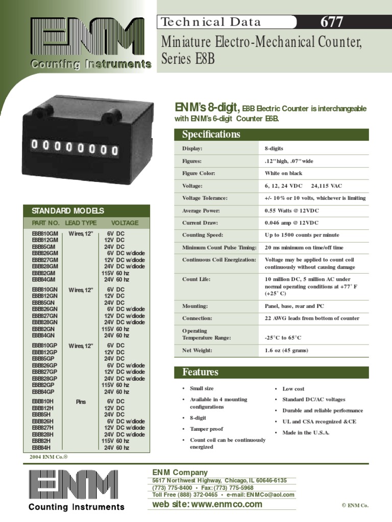 Miniature Electro-Mechanical Counter, Series E8B: ENM's 8-Digit | PDF | Direct Current ...