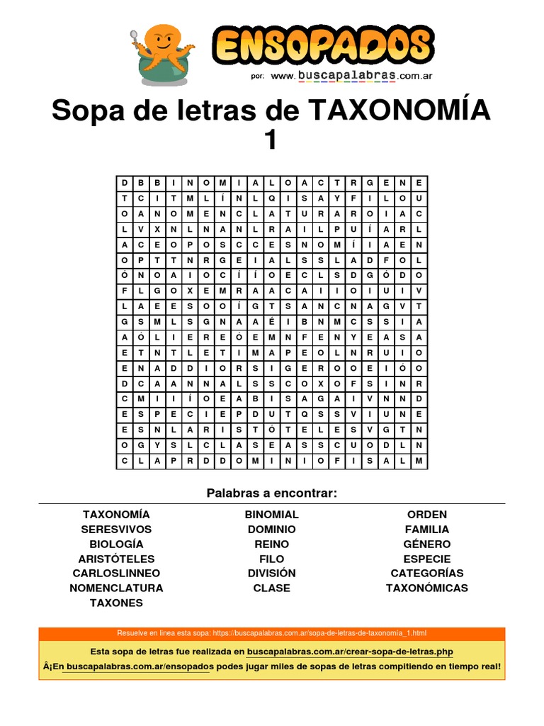 Sopa de Letras de Taxonomía - 1 | PDF | Taxonomía (biología) | Biología