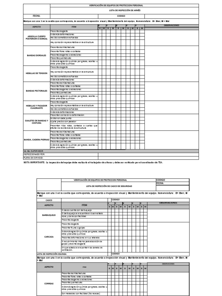 PLANILLAS_DE_INSPECCION_EQUIPOS_DE_ALTURAS.xls | PDF | Materiales | Ciencias fisicas