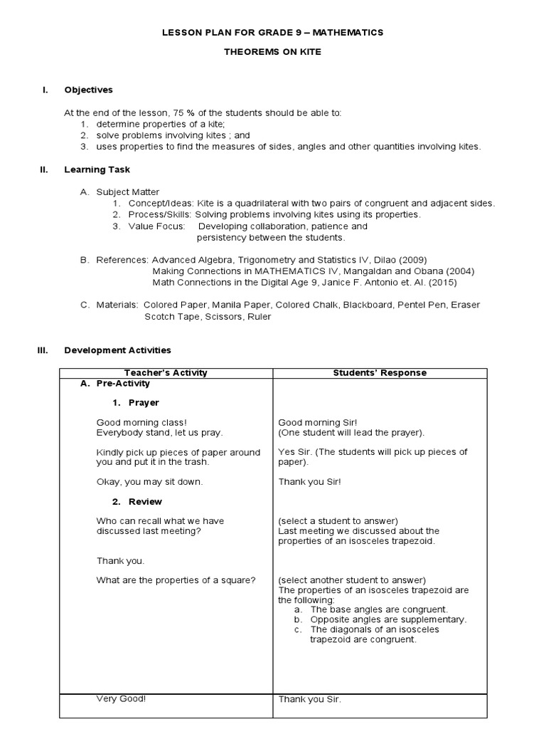 Properties of Kites for Grade 9 | PDF | Geometry | Elementary Geometry