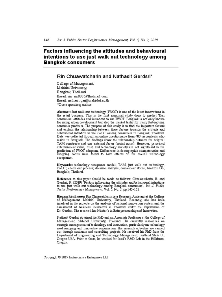 Factors Influencing The Attitudes and Behavioural Intentions To Use Just Walk Out Technology ...