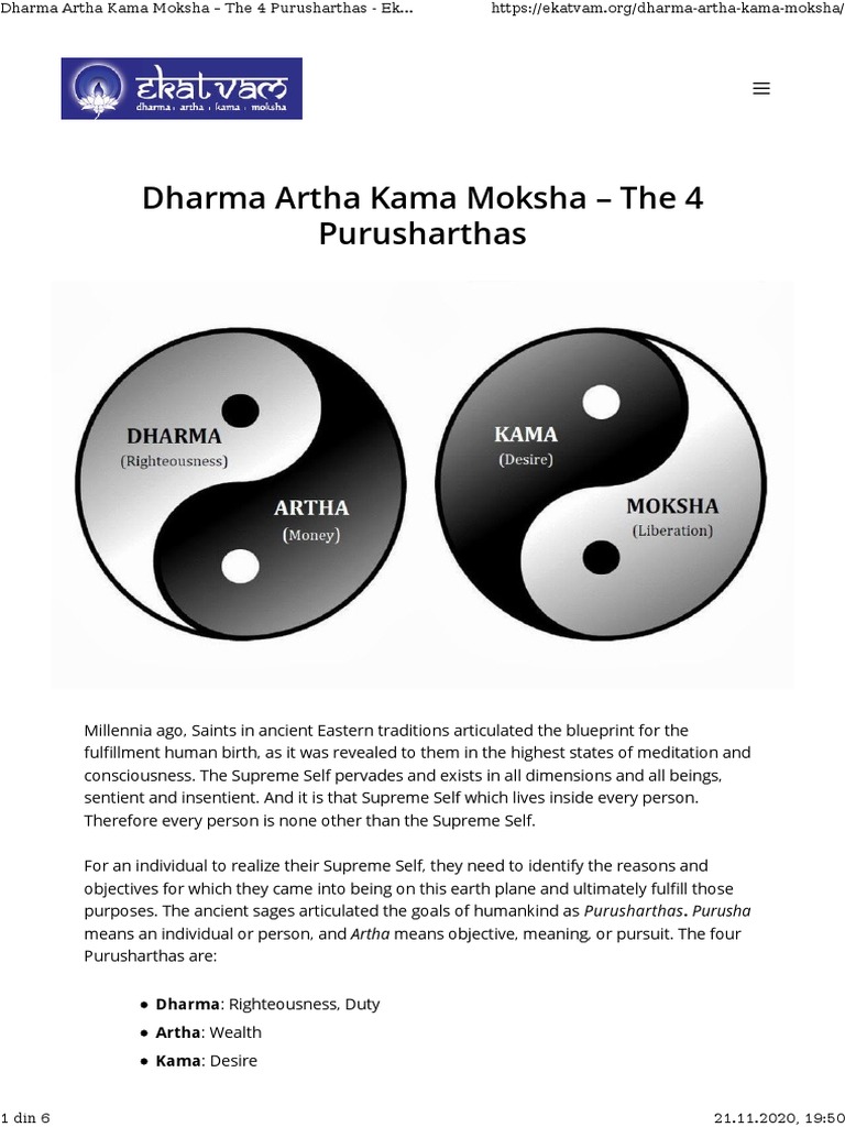 Dharma Artha Kama Moksha - The 4 Purusharthas - Ekatvam | PDF | Moksha ...