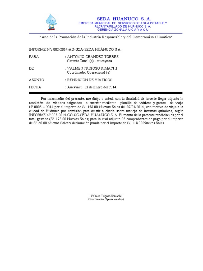 Informe #002-2014 Rendición de Viáticos | PDF