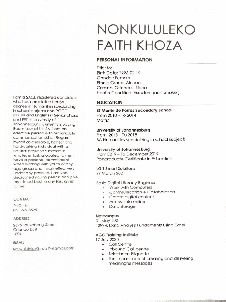 Nonkululeko CV PDF | PDF