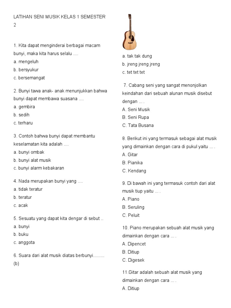 Latihan Seni Musik Kelas 1 Semester 2 | PDF