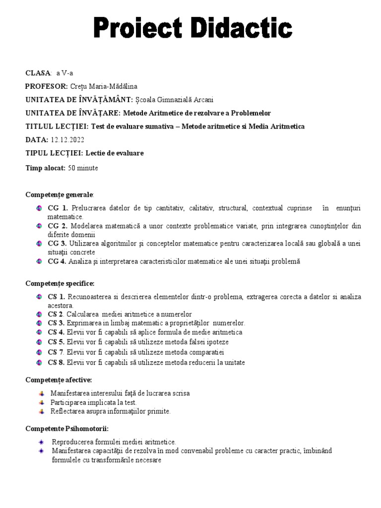 Clasa A V-A Proiect de Lectie Evaluare | PDF