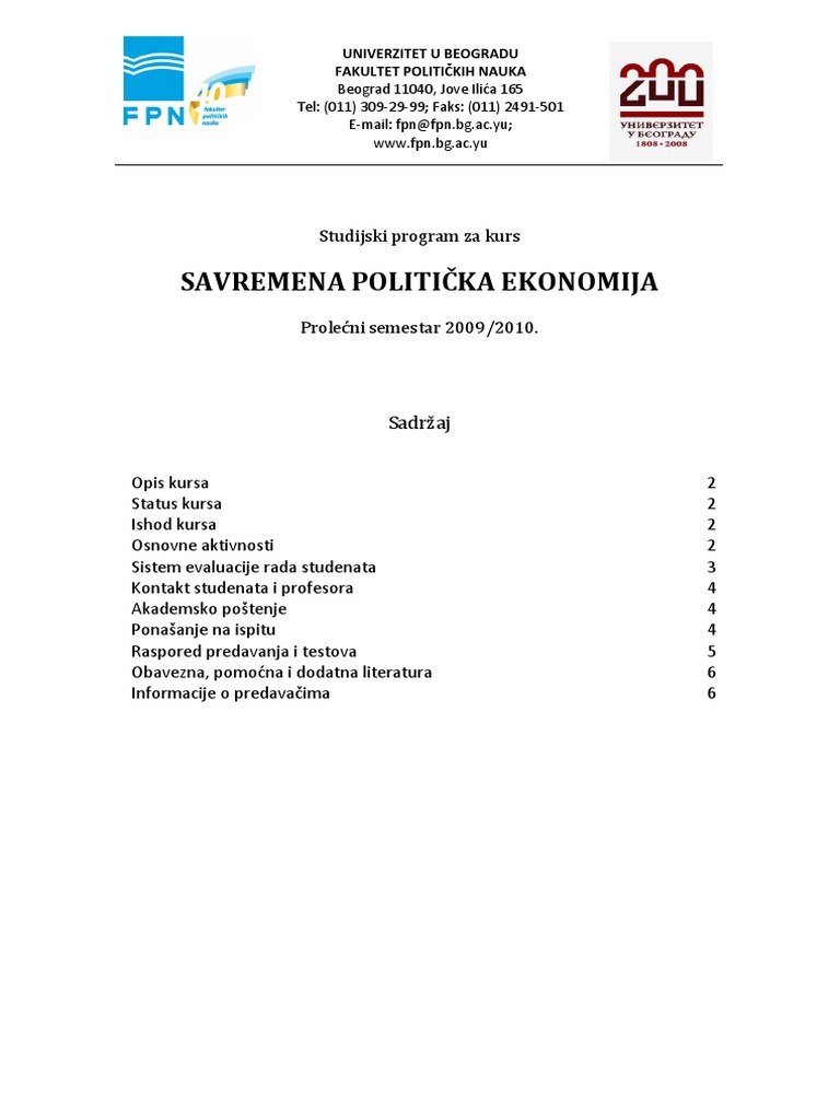 Studijski Program Savremena Politicka Ekonomija 2009 PDF | PDF