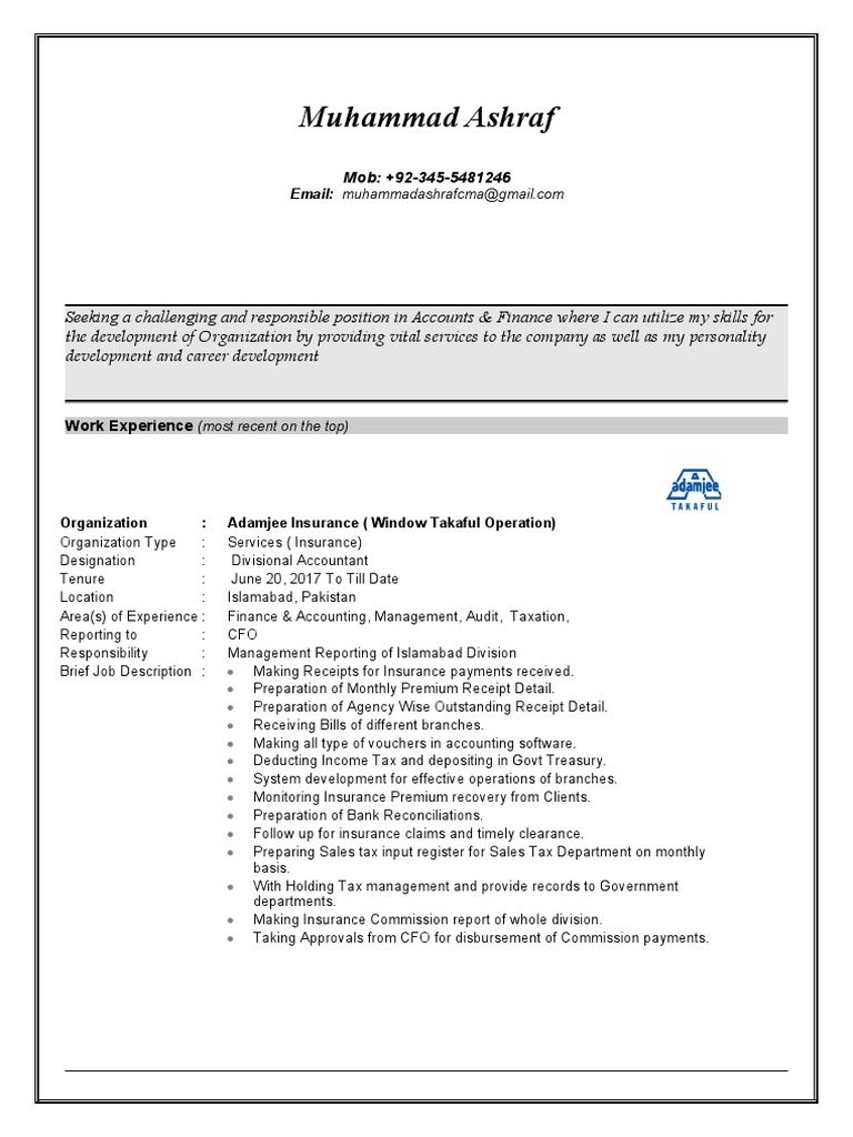 Muhammad Ashraf CV | Descargar gratis PDF | Taxes | Insurance