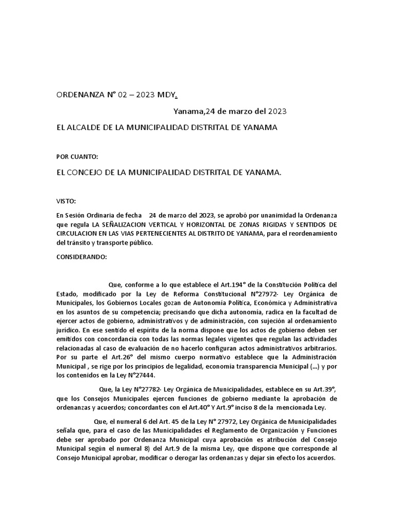 Ordenanza de Tránsito en Yanama | PDF | Gobierno local | Gobierno