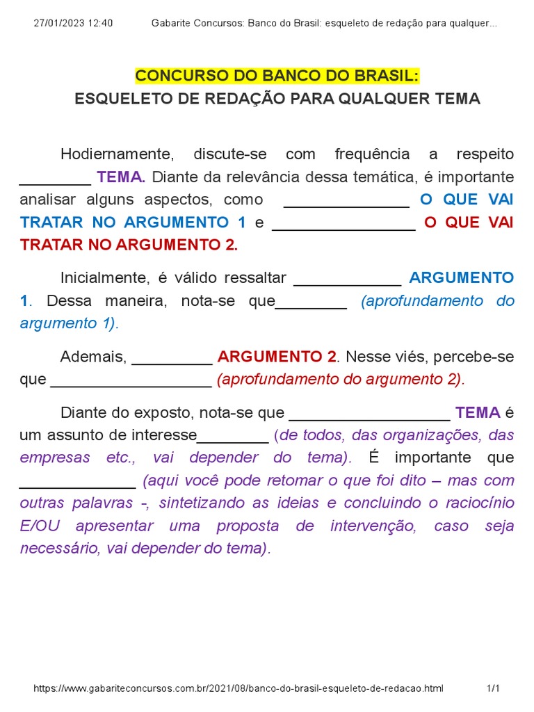 Esqueleto de Redação para Qualquer Tema PDF | PDF