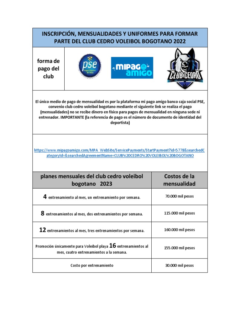 Inscripción y Mensualidades Club Cedro Voleibol | PDF