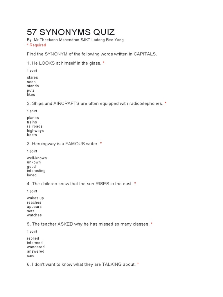 57 Synonyms Quiz | PDF