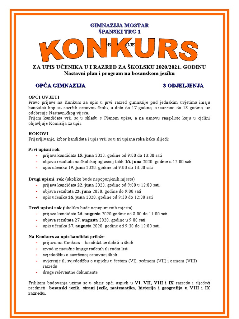 Konkurs-Za-Upis-I-Razred-2020-2021-Godina 2 | PDF