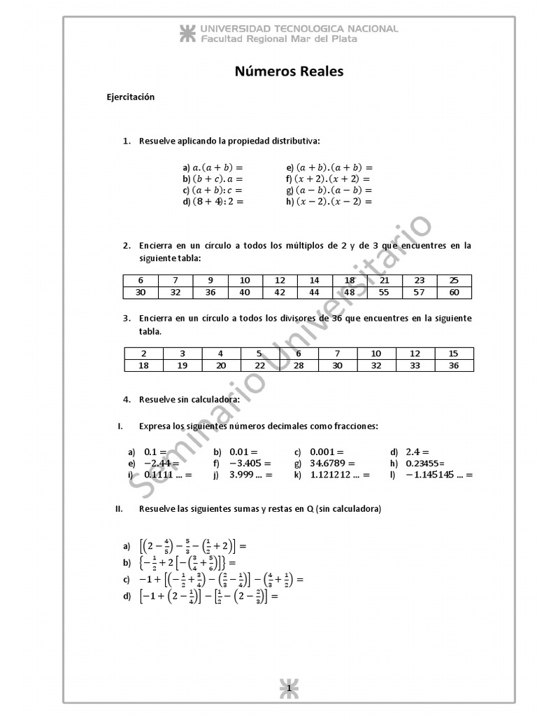 Ejercicios de Números Reales y Operaciones Matemáticas | PDF | Análisis ...